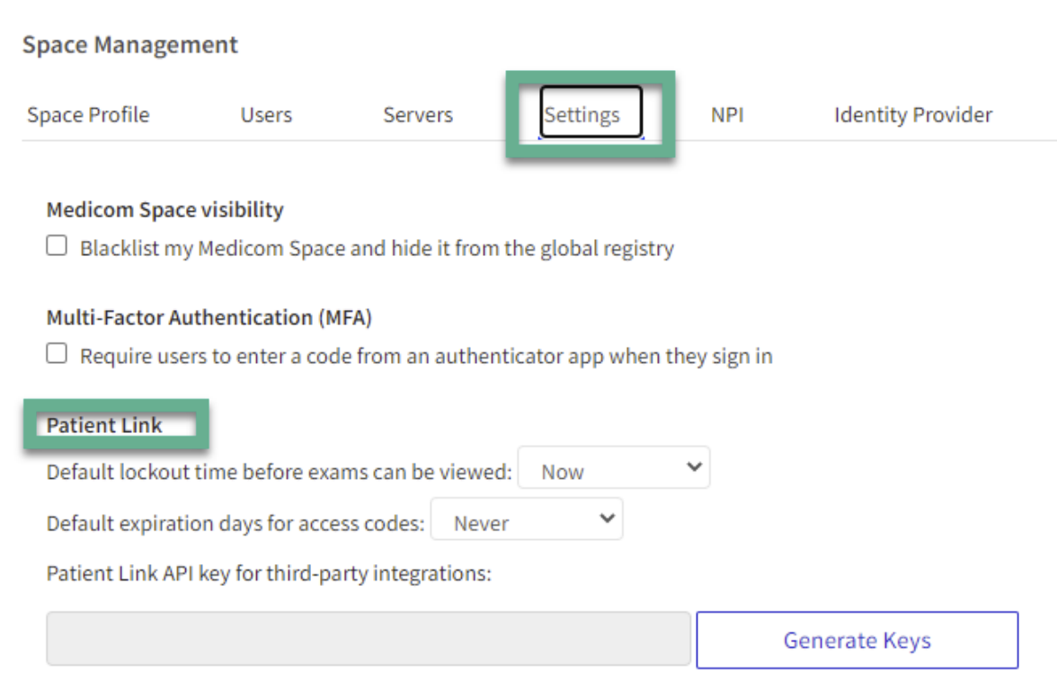 Patient Link Settings in Medicom Admin